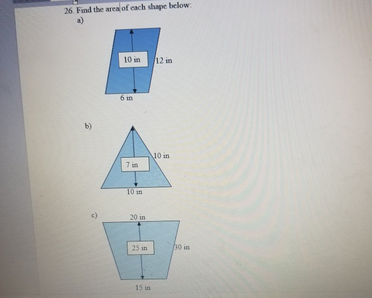 Solved 26. Find the area of each shape below: 10 in 12 in 6 | Chegg.com