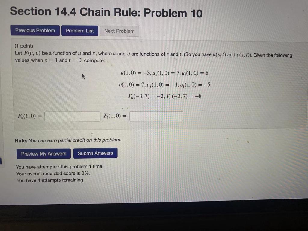 Solved Section 14.4 Chain Rule: Problem 10 Previous Problem | Chegg.com