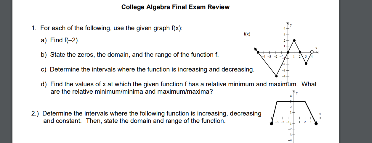 Solved College Algebra Final Exam Review 1. For each of the | Chegg.com
