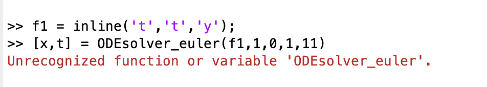 Solved ≫f1=inline(′t′,′t′,′y′) ≫[x,t]= ODEsolver_euler | Chegg.com