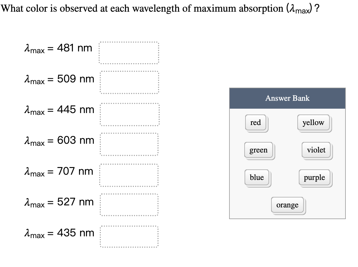 Solved What color is observed at each wavelength of maximum | Chegg.com