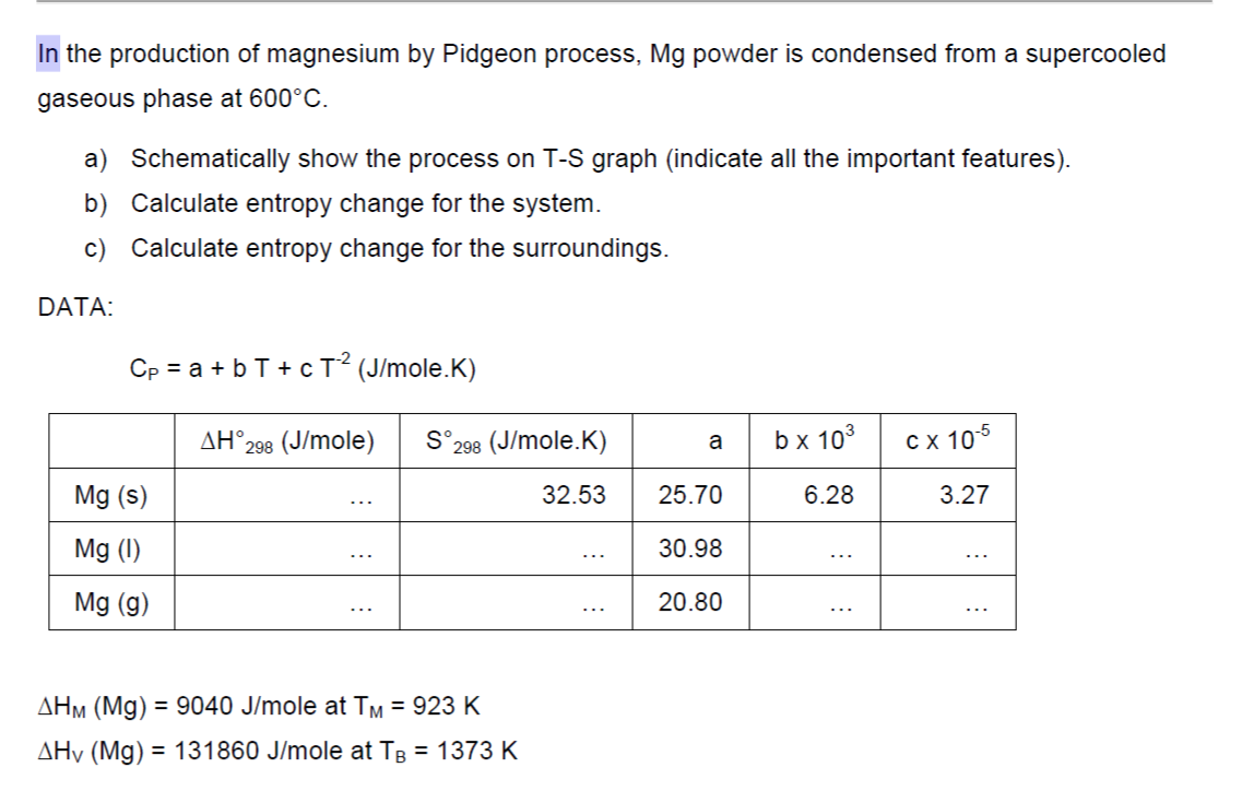 Solved In the production of magnesium by Pidgeon process, Mg | Chegg.com