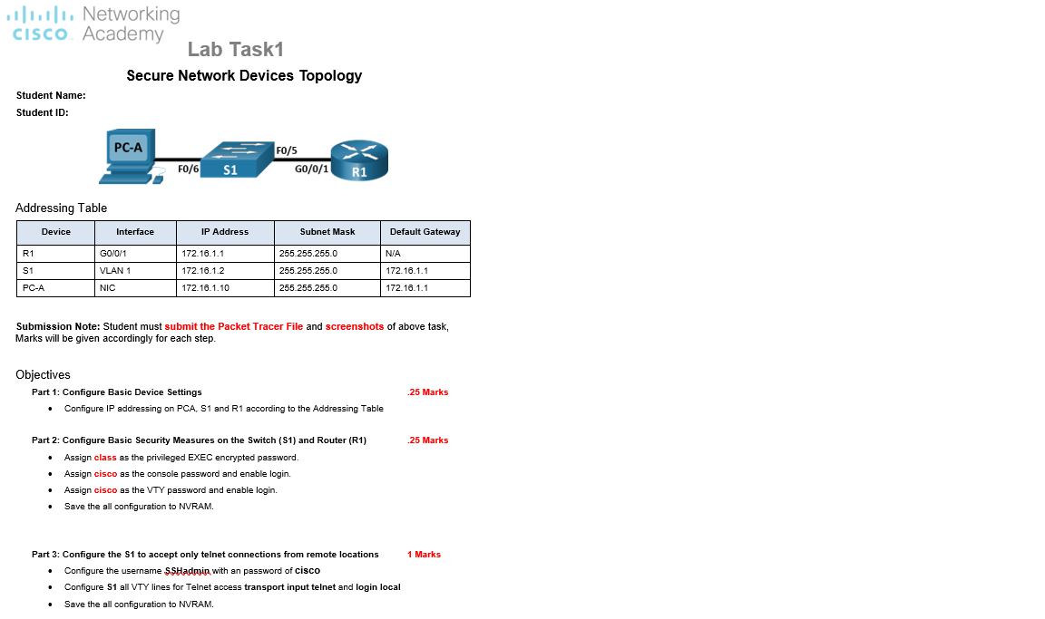 Solved 111.111. Networking CISCO. Academy Lab Task1 Secure | Chegg.com