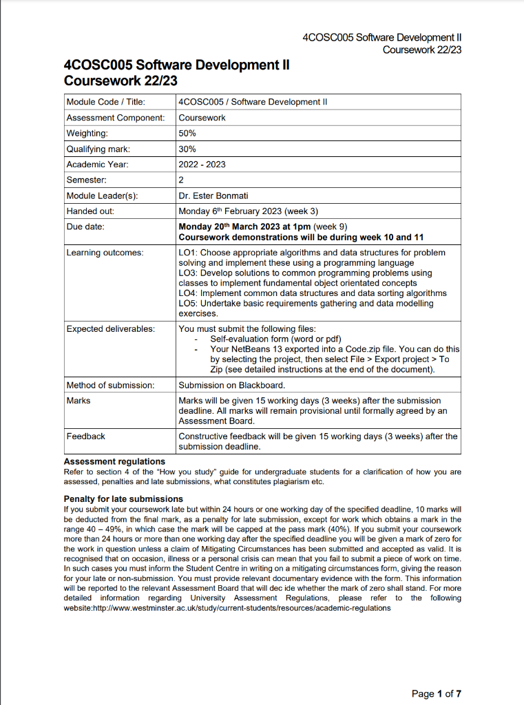 Solved 4COSC005 Software Development II Coursework 22/23 | Chegg.com