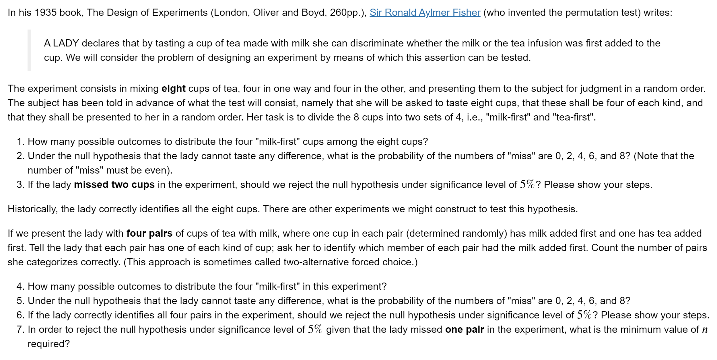 Solved In his 1935 book, The Design of Experiments (London, | Chegg.com