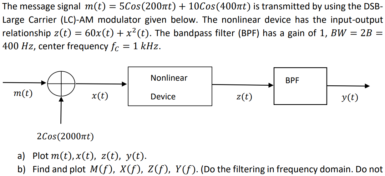 Solved The message signal m(t)=5Cos(200πt)+10Cos(400πt) is | Chegg.com