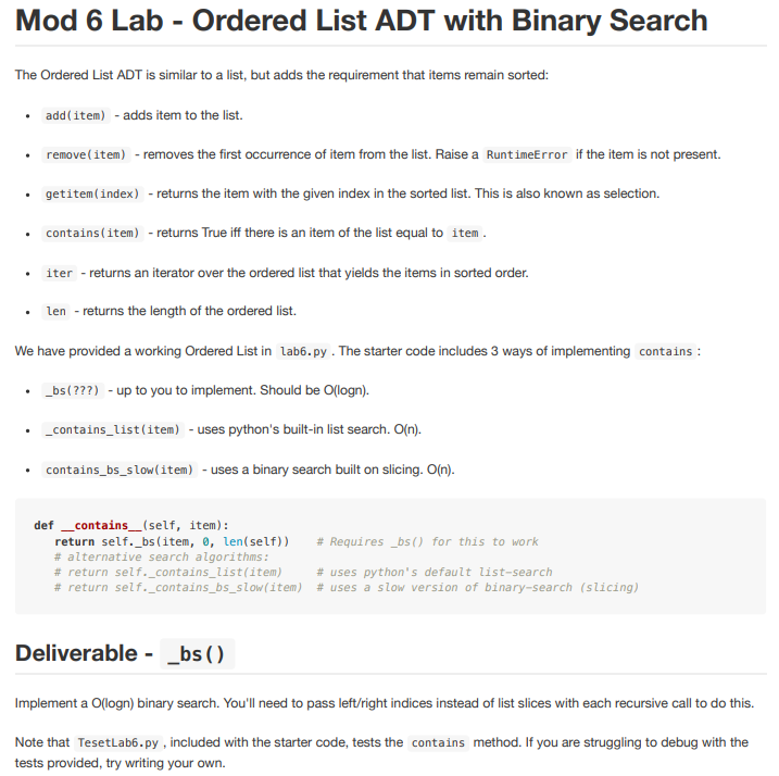 Solved Mod 6 Lab Ordered List Adt With Binary Search The