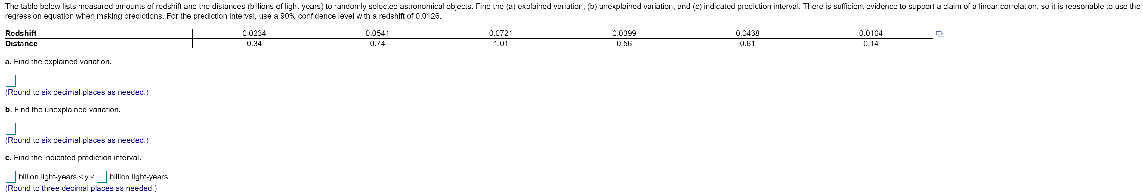 Solved The table below lists measured amounts of redshift | Chegg.com