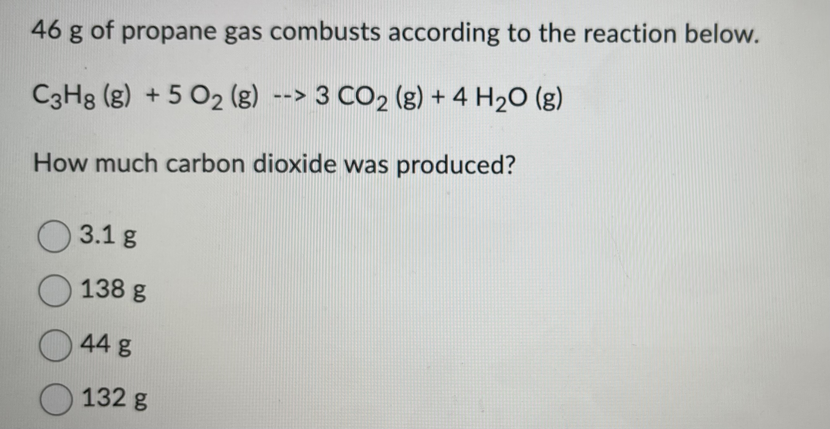 Solved 46 g of propane gas combusts according to the | Chegg.com