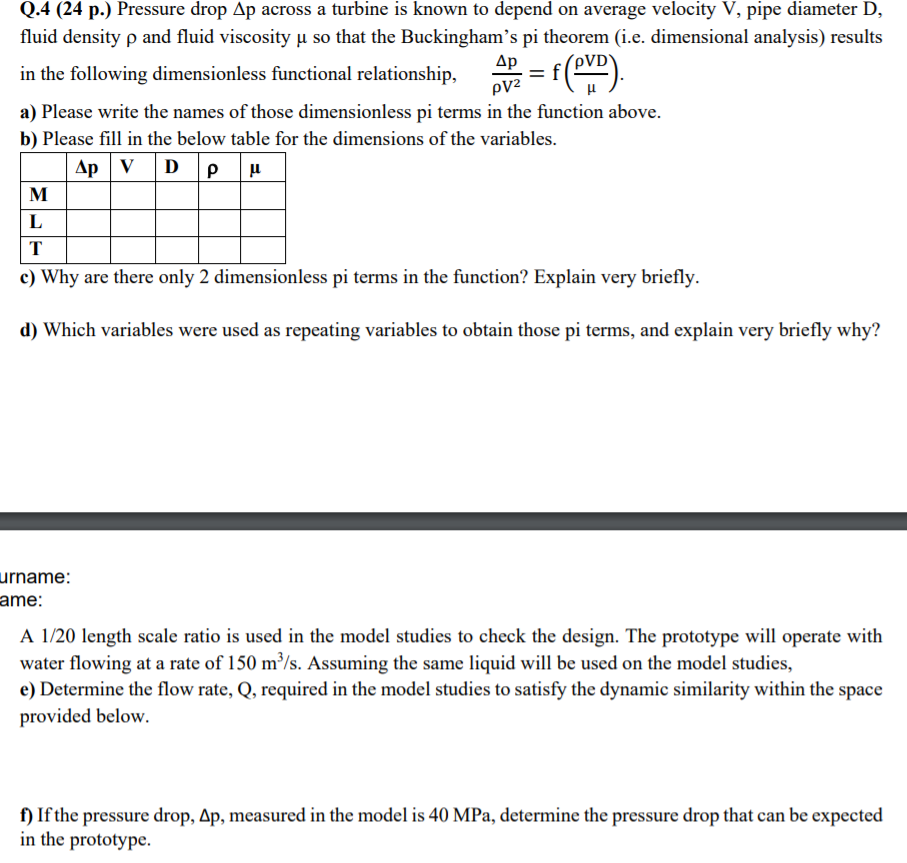 Solved PV2 Q.4 (24 p.) Pressure drop Ap across a turbine is | Chegg.com