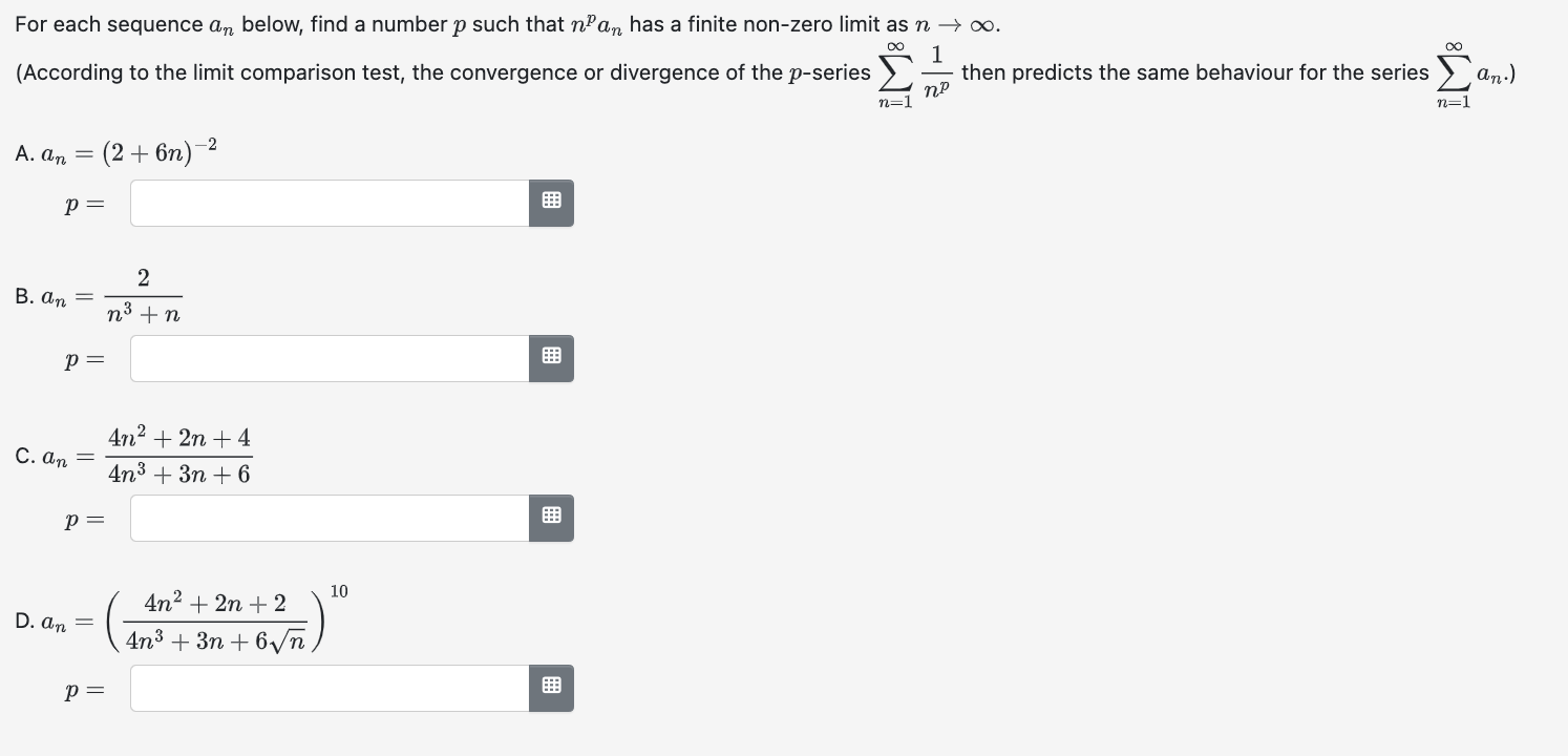 Solved For each sequence an below, find a number p such that | Chegg.com
