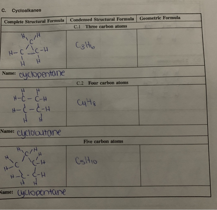 Solved C. Cycloalkanes Complete Structural Formula Condensed | Chegg.com