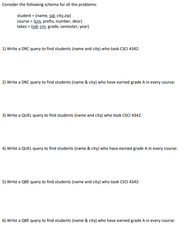 Solved Consider the following schema for all the problems: | Chegg.com