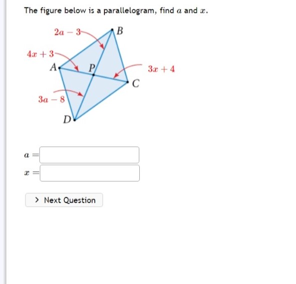 Solved The figure below is a parallelogram, find a and x. | Chegg.com