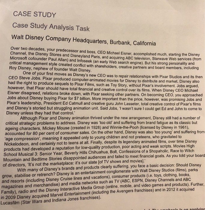 Solved CASE STUDY Case Study Analysis Task Walt Disney | Chegg.com