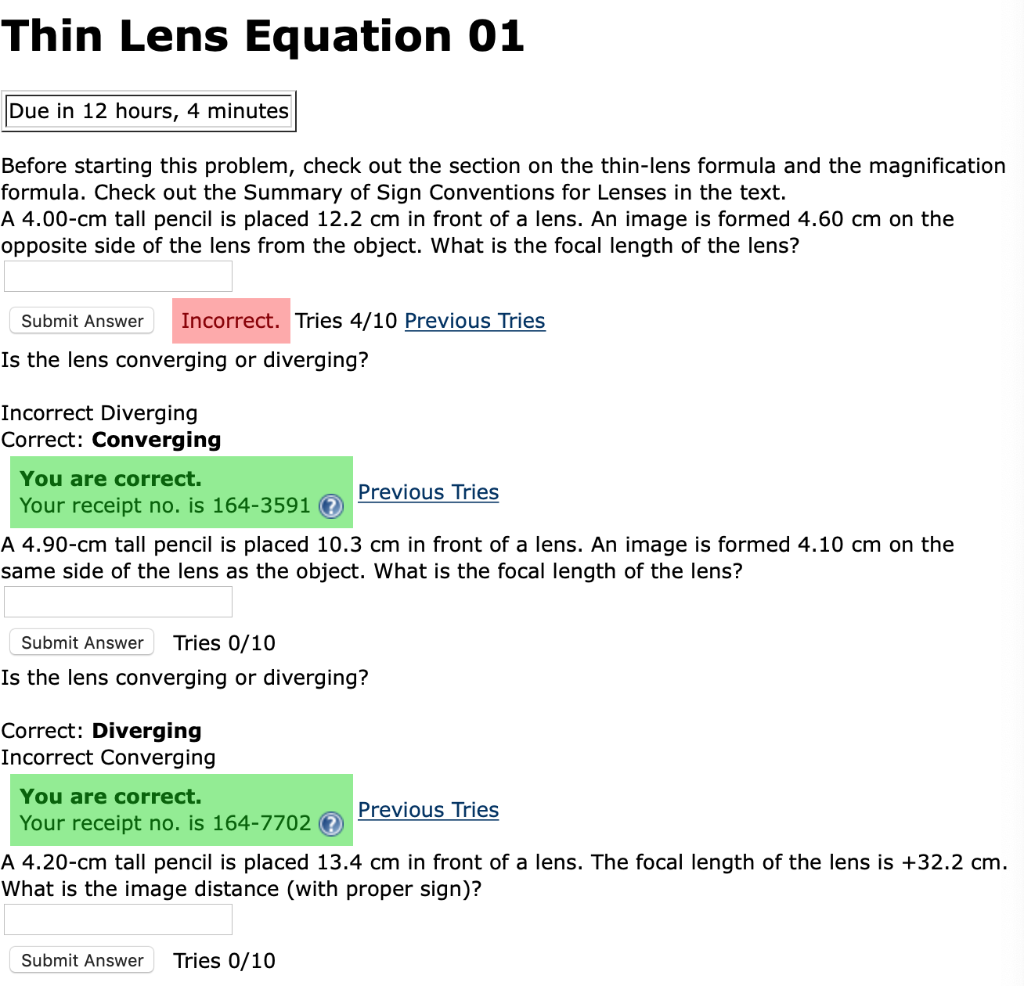 Solved Thin Lens Equation 01 Due in 12 hours, 4 minutes | Chegg.com