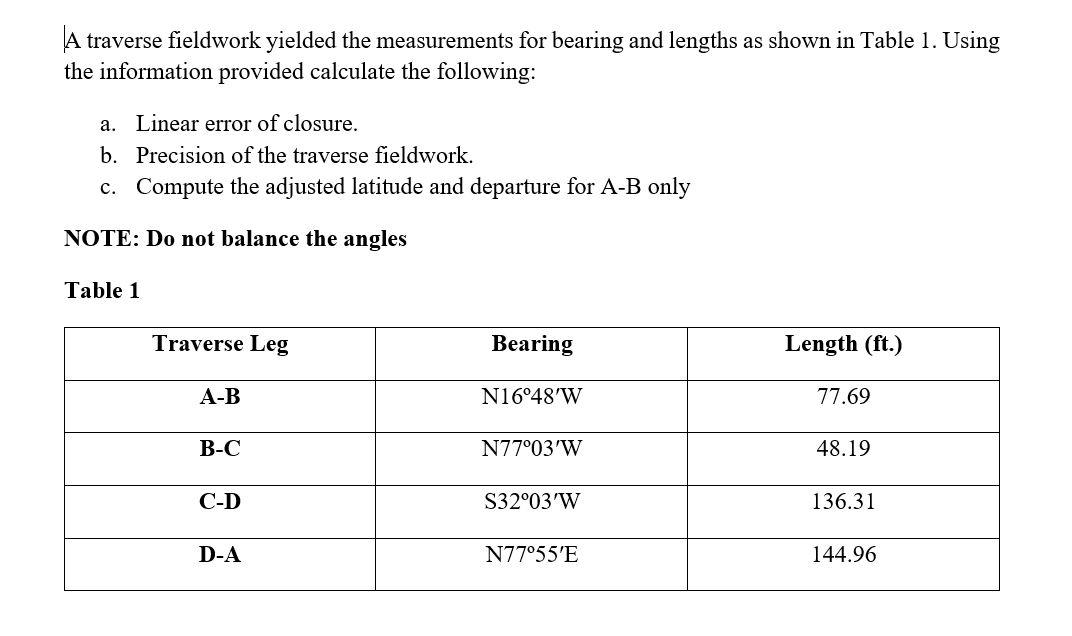 Solved A traverse fieldwork yielded the measurements for | Chegg.com