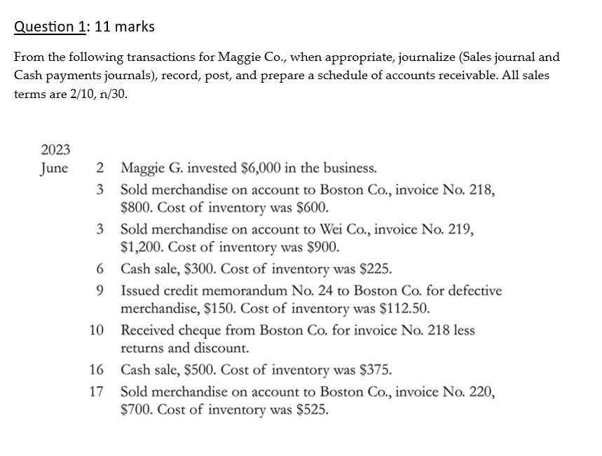 Solved Question 1: 11 ﻿marksFrom the following transactions | Chegg.com