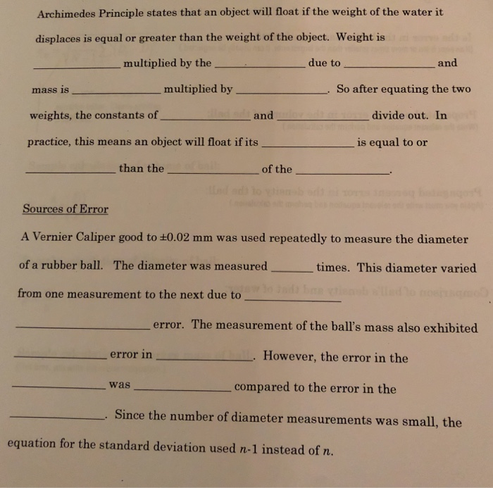 Solved Archimedes Principle states that an object will float | Chegg.com