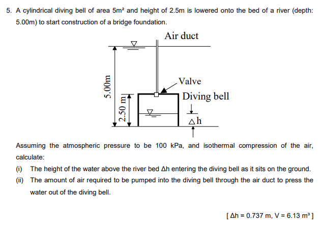 Solved 5. A cylindrical diving bell of area 5m2 and height | Chegg.com
