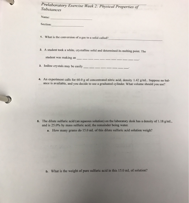 Solved Prelaboratory Exercise Week 2: Physical Properties of | Chegg.com