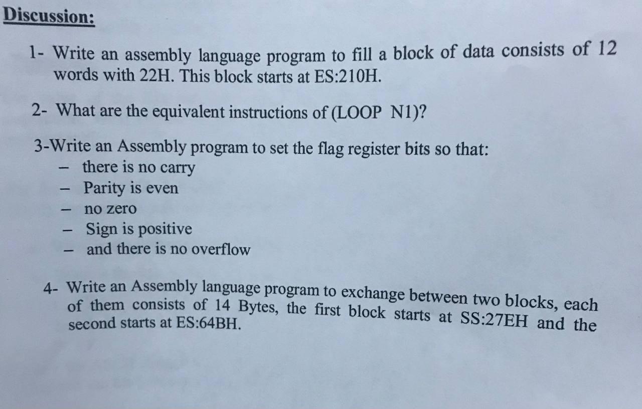 Discussion: 1- Write an assembly language program to | Chegg.com