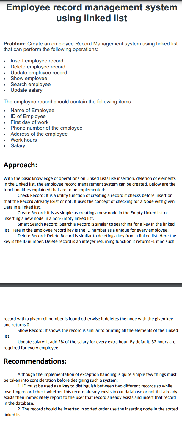 Solved Employee record management system using linked list | Chegg.com