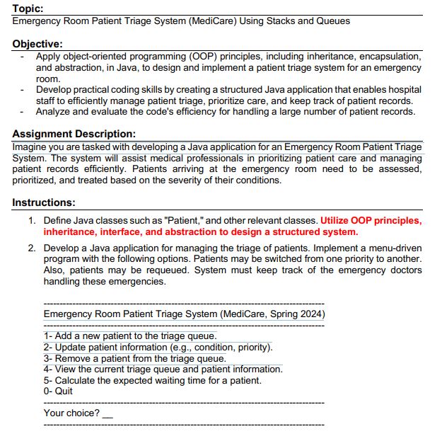 Solved Topic:Emergency Room Patient Triage System (MediCare) | Chegg.com