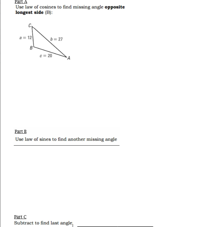 Solved Part A Use law of cosines to find missing angle | Chegg.com