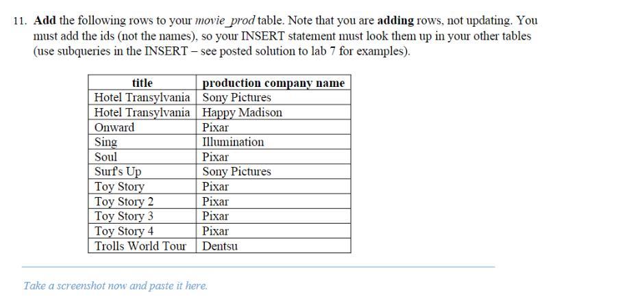 1. Add the following rows to your movie prod table. | Chegg.com