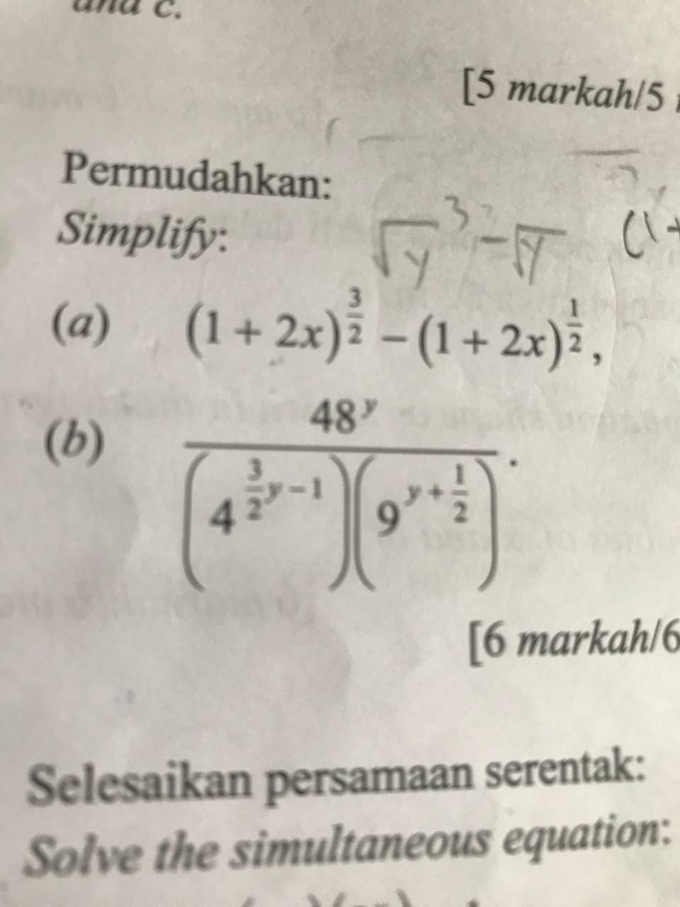Solved [5 markah/5 Permudahkan: Simplify: (a) \\( (1+2 | Chegg.com