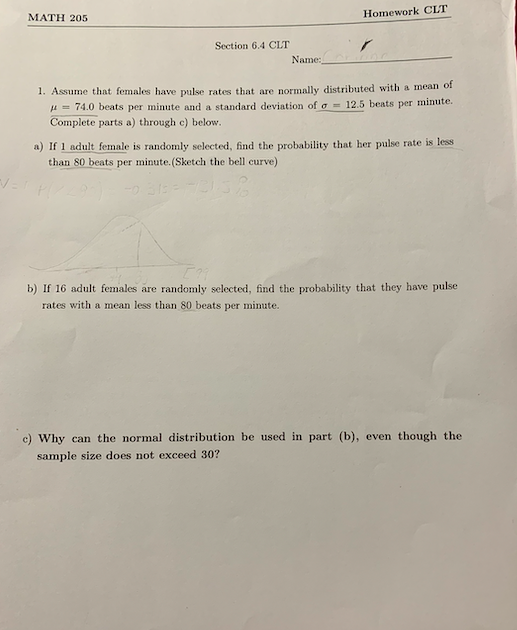 Solved MATH 205 Homework CLT Section 6.4 CLT Name: 1. Assume | Chegg.com