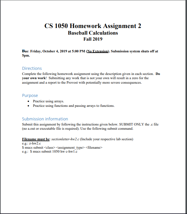 Solved CS 1050 Homework Assignment 2 Baseball Calculations | Chegg.com