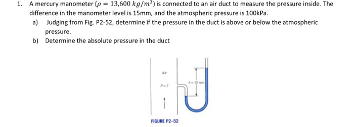 Solved A mercury manometer (p 13,600 kg/m3) is connected to | Chegg.com