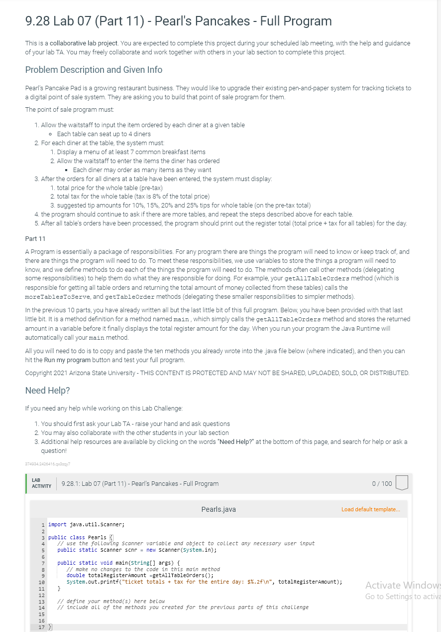 Solved 9.28 Lab 07 (Part 11) - Pearl's Pancakes - Full | Chegg.com