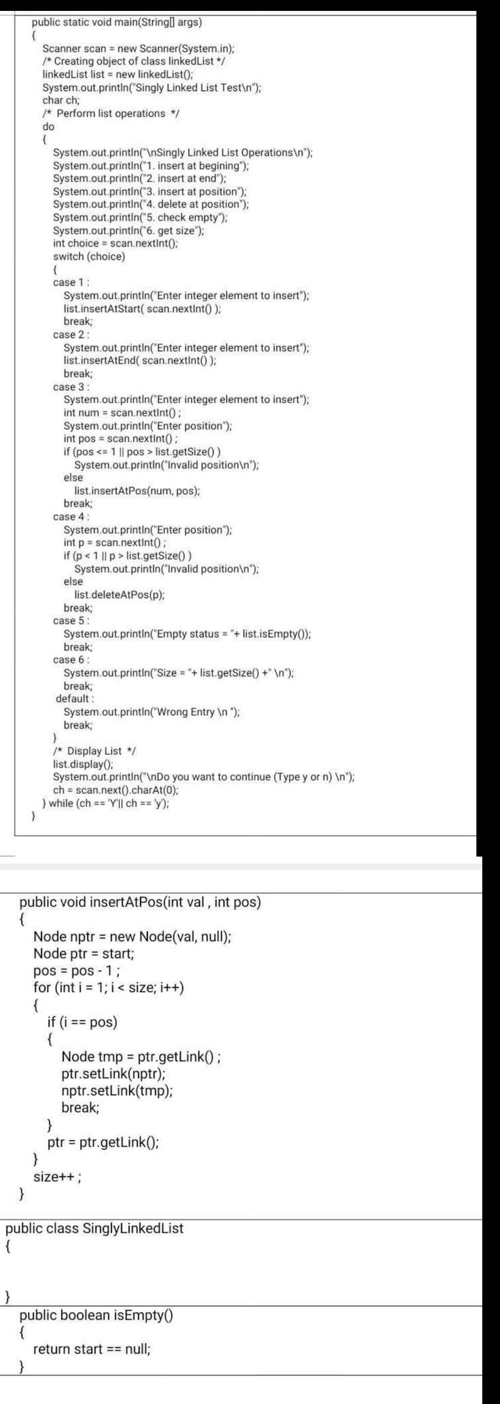 Solved SINGLY LINKED LIST import java.util.Scanner; public | Chegg.com