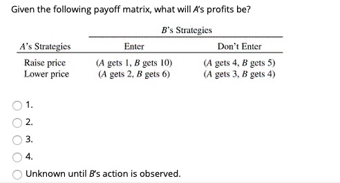 Solved Given the following payoff matrix, what will A's | Chegg.com