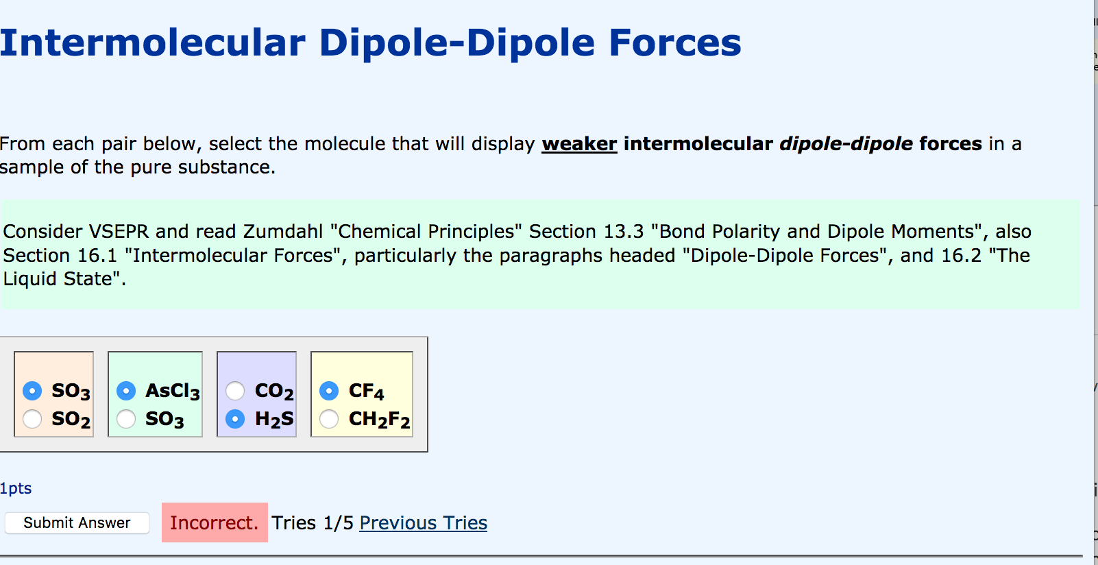 Solved Intermolecular Dipole-Dipole Forces From each pair | Chegg.com