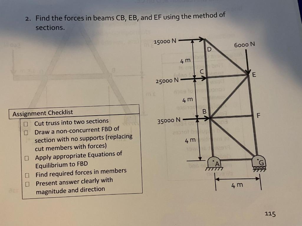 Solved 2. Find the forces in beams CB,EB, and EF using the | Chegg.com