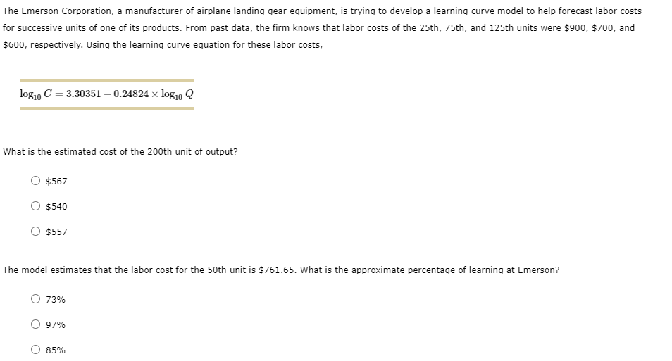 Solved The Emerson Corporation, a manufacturer of airplane | Chegg.com