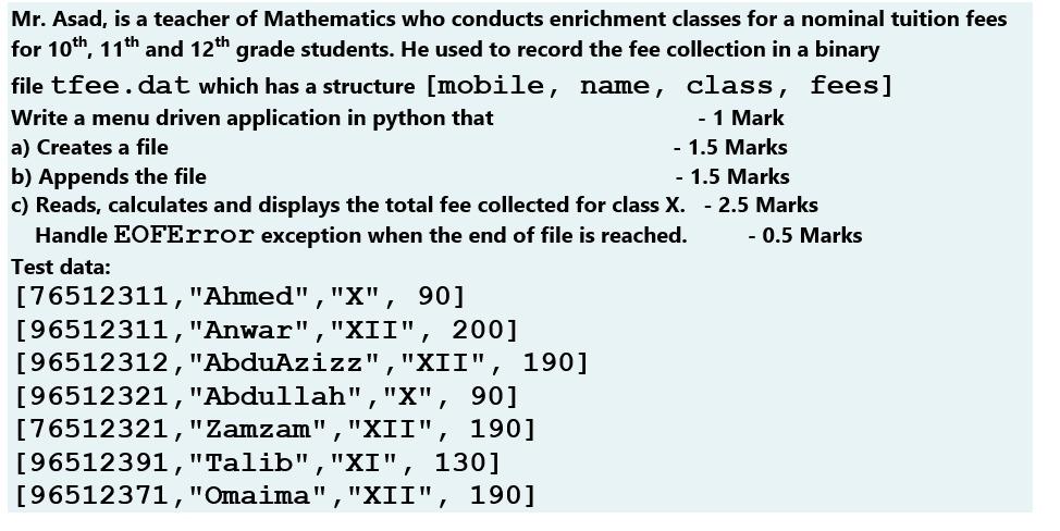 Solved Mr. Asad, is a teacher of Mathematics who conducts | Chegg.com