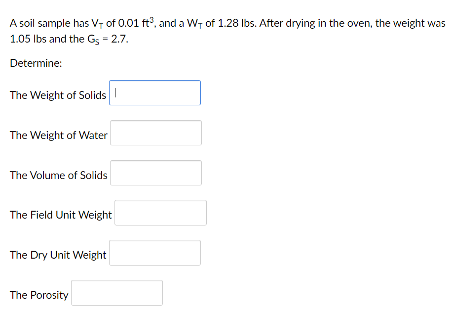 Solved A soil sample has VT of 0.01ft3, and a WT of 1.28lbs. | Chegg.com
