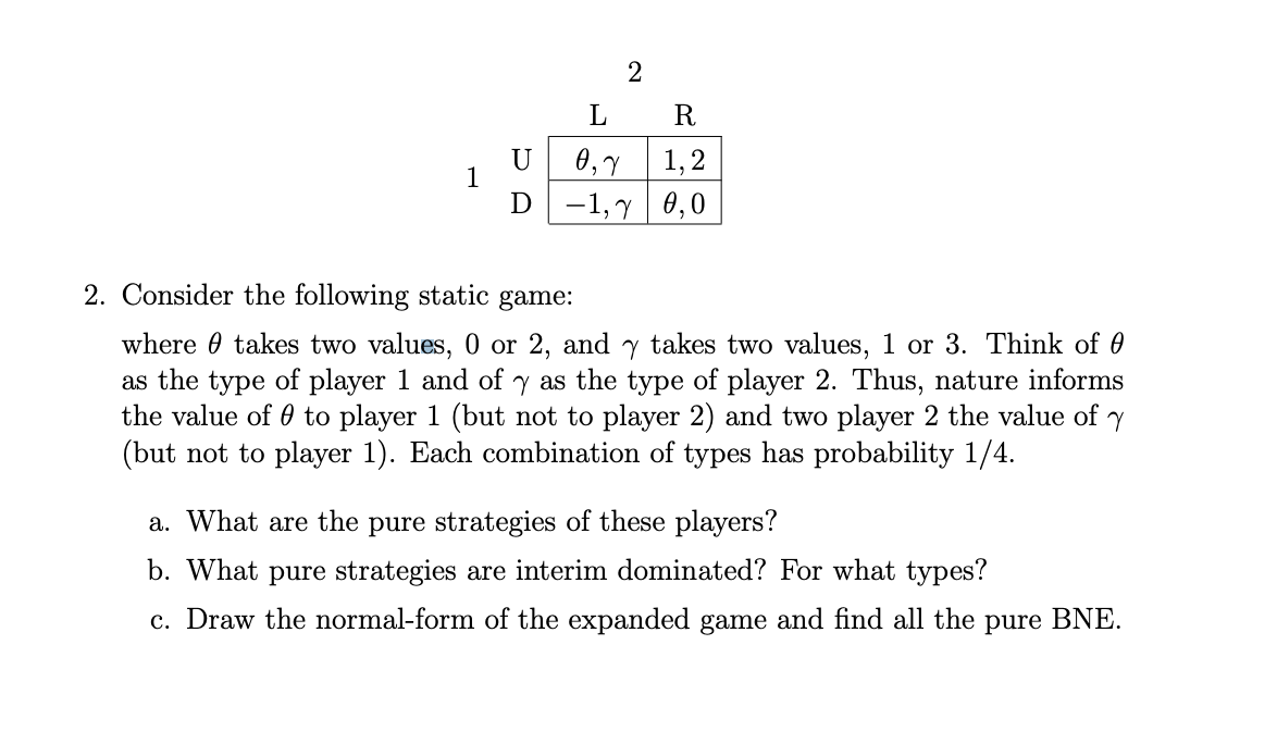 2. Consider the following static game: where θ takes | Chegg.com