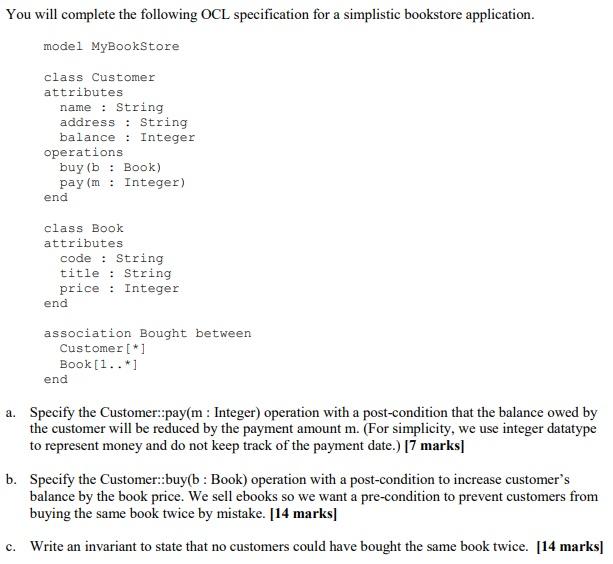 Solved You will complete the following OCL specification for | Chegg.com