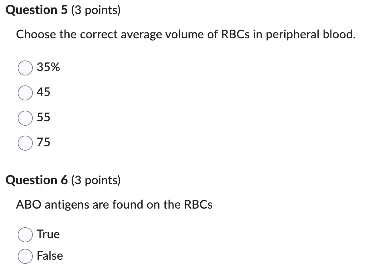 Solved Choose the correct average volume of RBCs in | Chegg.com