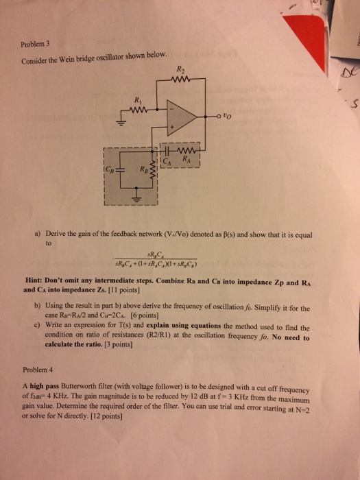 Solved Consider the Wein bridge oscillator shown below. | Chegg.com