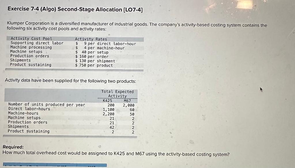 Solved Exercise 7-4 (Algo) Second-Stage Allocation [LO7-4] | Chegg.com