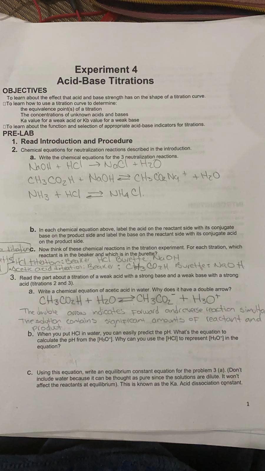 Solved Experiment 4 Acid-Base Titrations OBJECTIVES To learn | Chegg.com