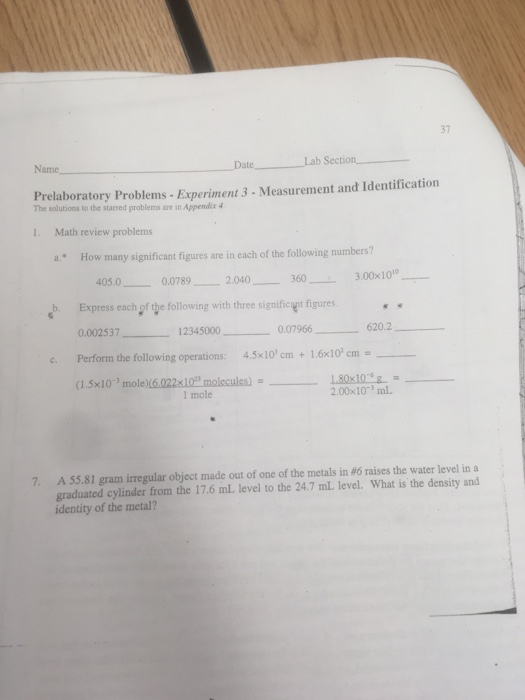 Solved 37 Name Date Lab Section Prelaboratory Problems - | Chegg.com