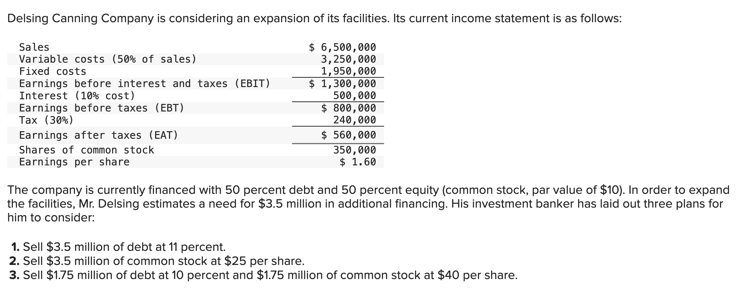 Solved Delsing Canning Company is considering an expansion | Chegg.com